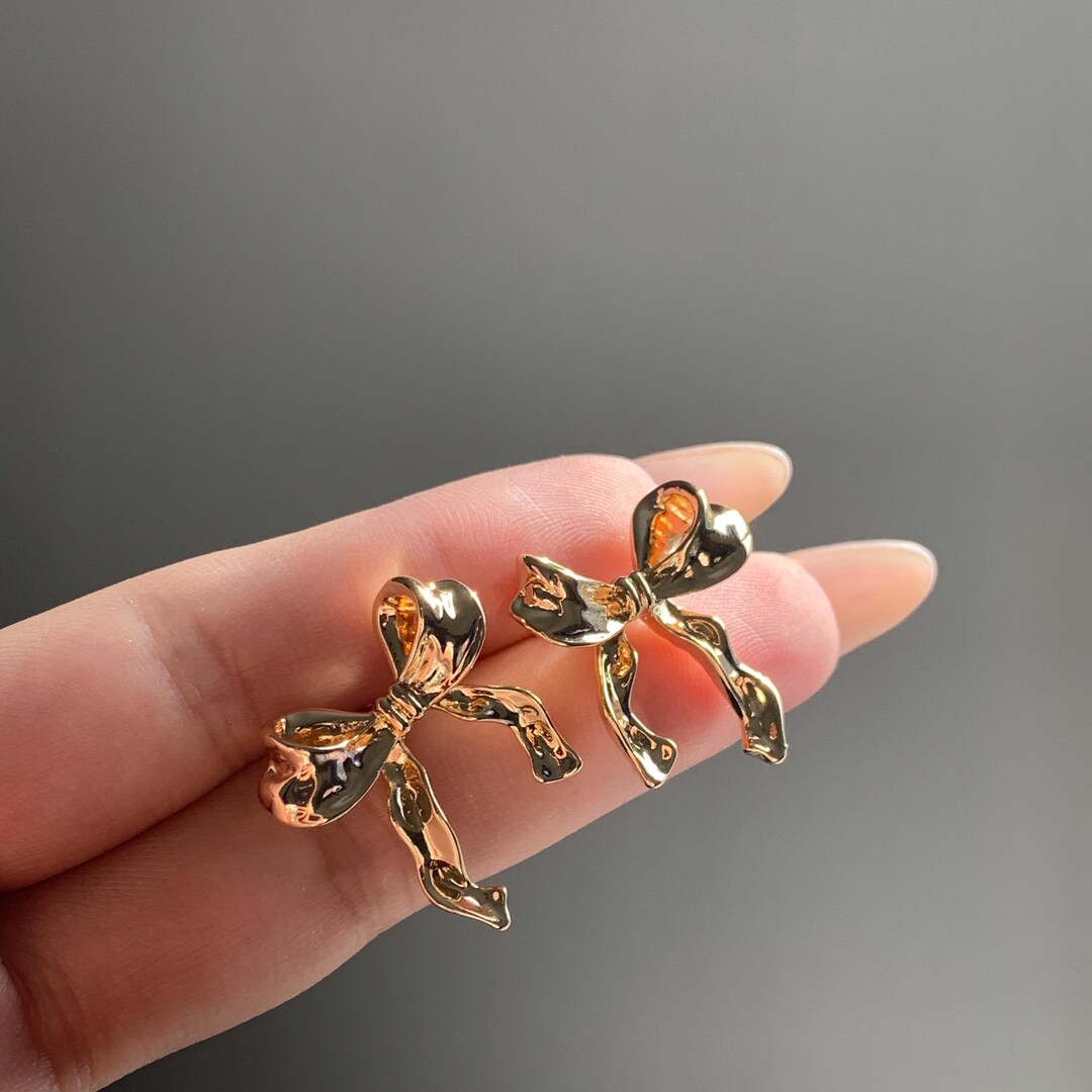 Silver Gold Bow Stud Earrings, Minimalist Sterling Silver Cute Bow ...