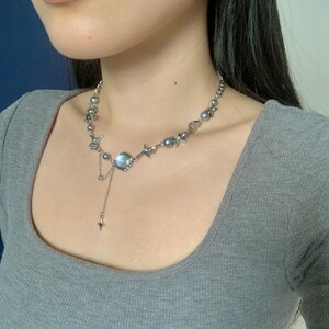 Silver Moonstone Gothic Style Y2k Chain Necklace, Green Gem Stone ...