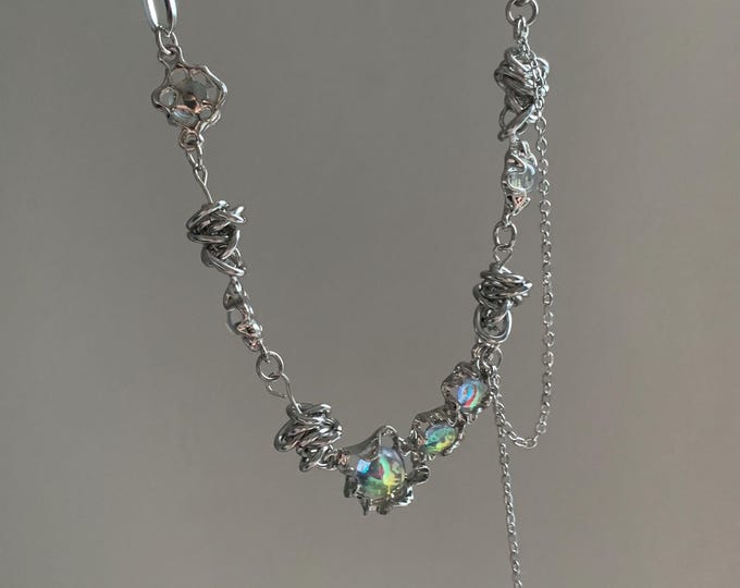 Silver Moonstone Gothic Style Y2k Chain Necklace, Green Gem Stone ...