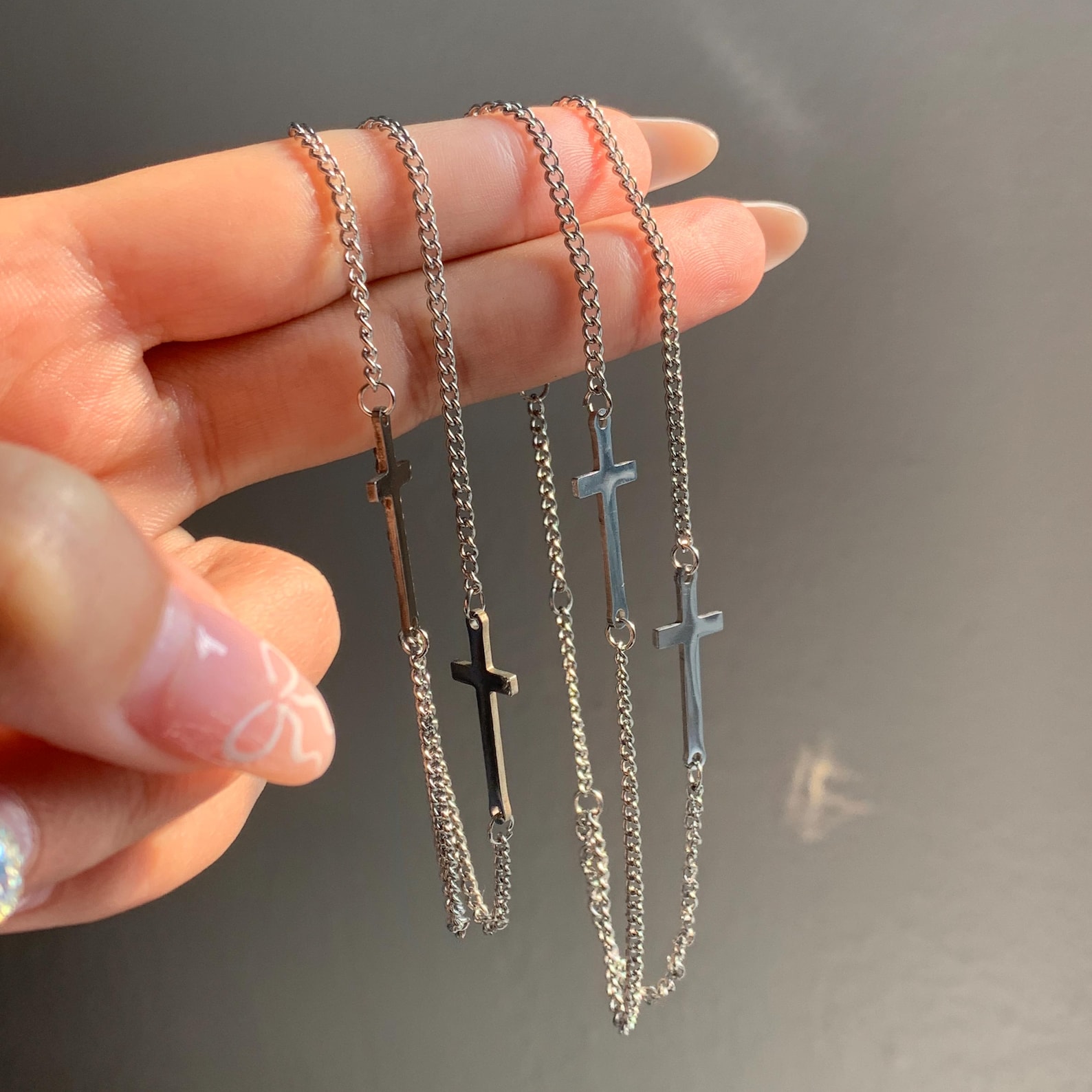 Silver Double Cross Stainless Steel Dainty Layered No Tarnish ...