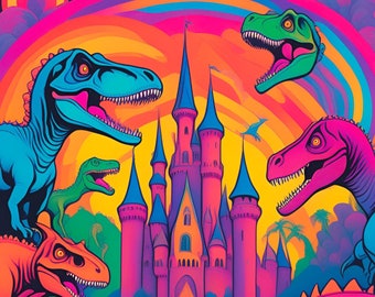 Psychedelic Dinosaur Castle Poster Vibrant Wall Art A4 - Etsy