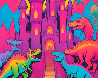 Psychedelic Dinosaur Castle Poster Vibrant Wall Art A4 - Etsy