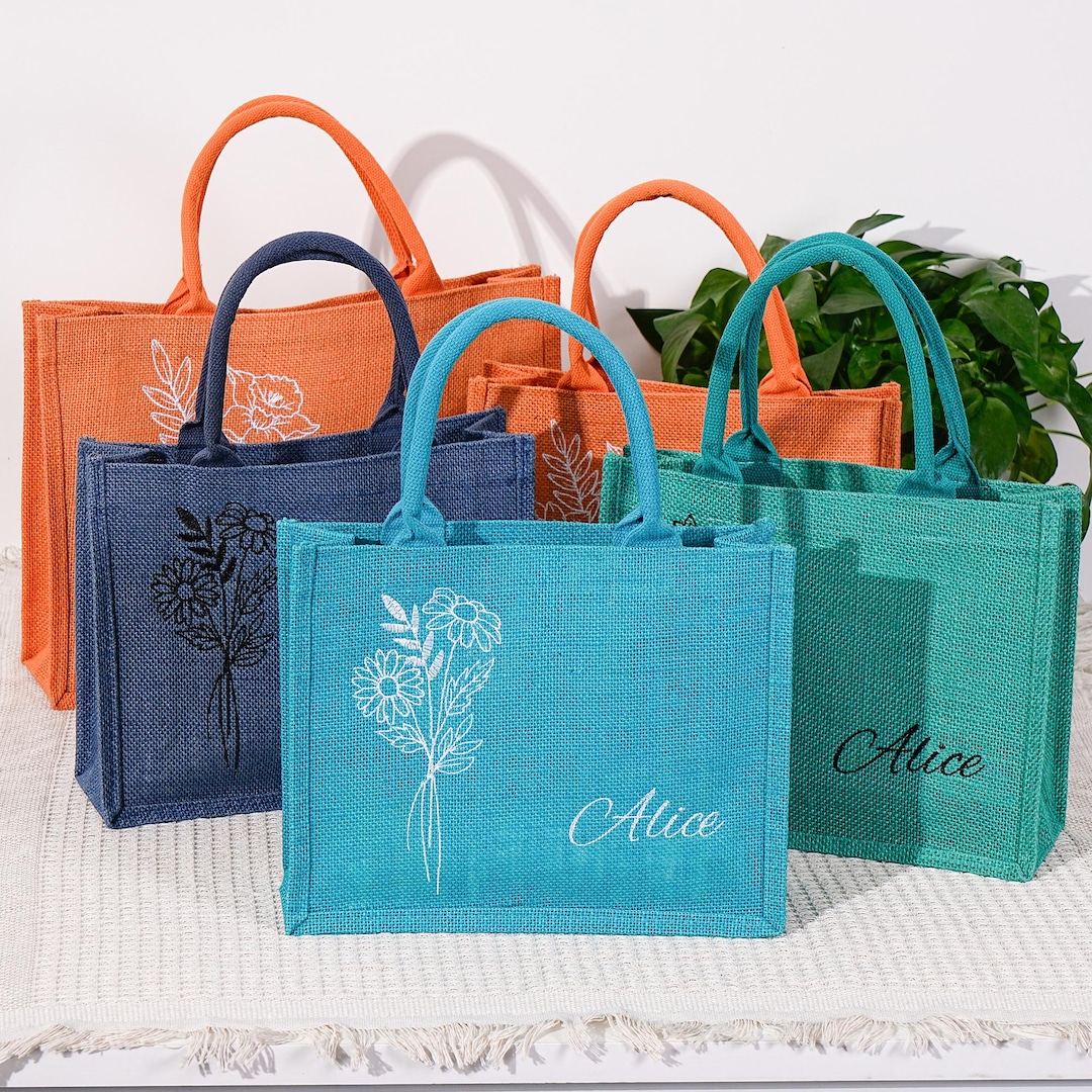 Personalized Burlap Bags, Colorful Custom Bridesmaid Bag, Birth Flower ...