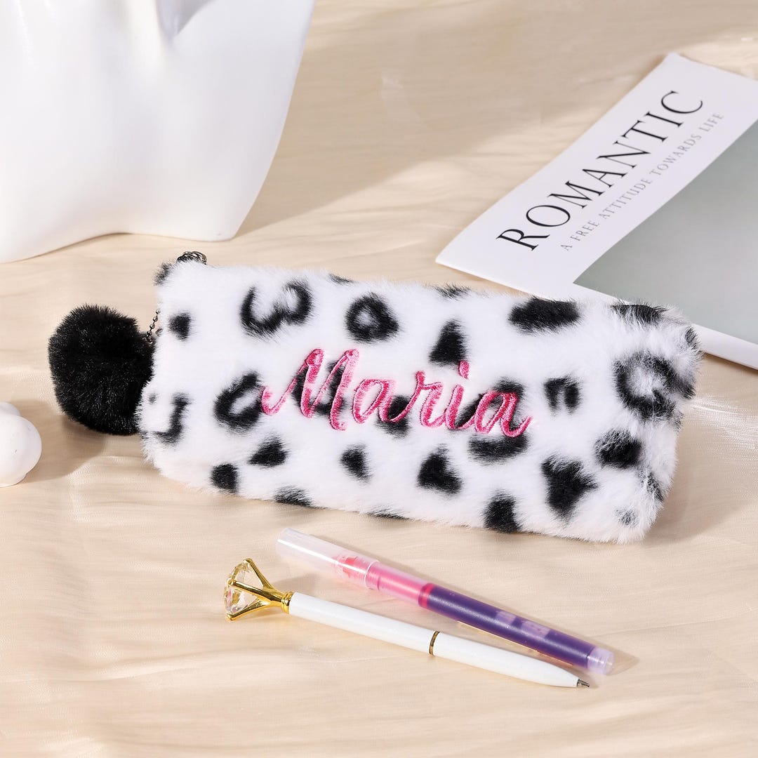 Personalized Leopard Print Fuzzy Pencil Case, Custom Embroidered Name ...
