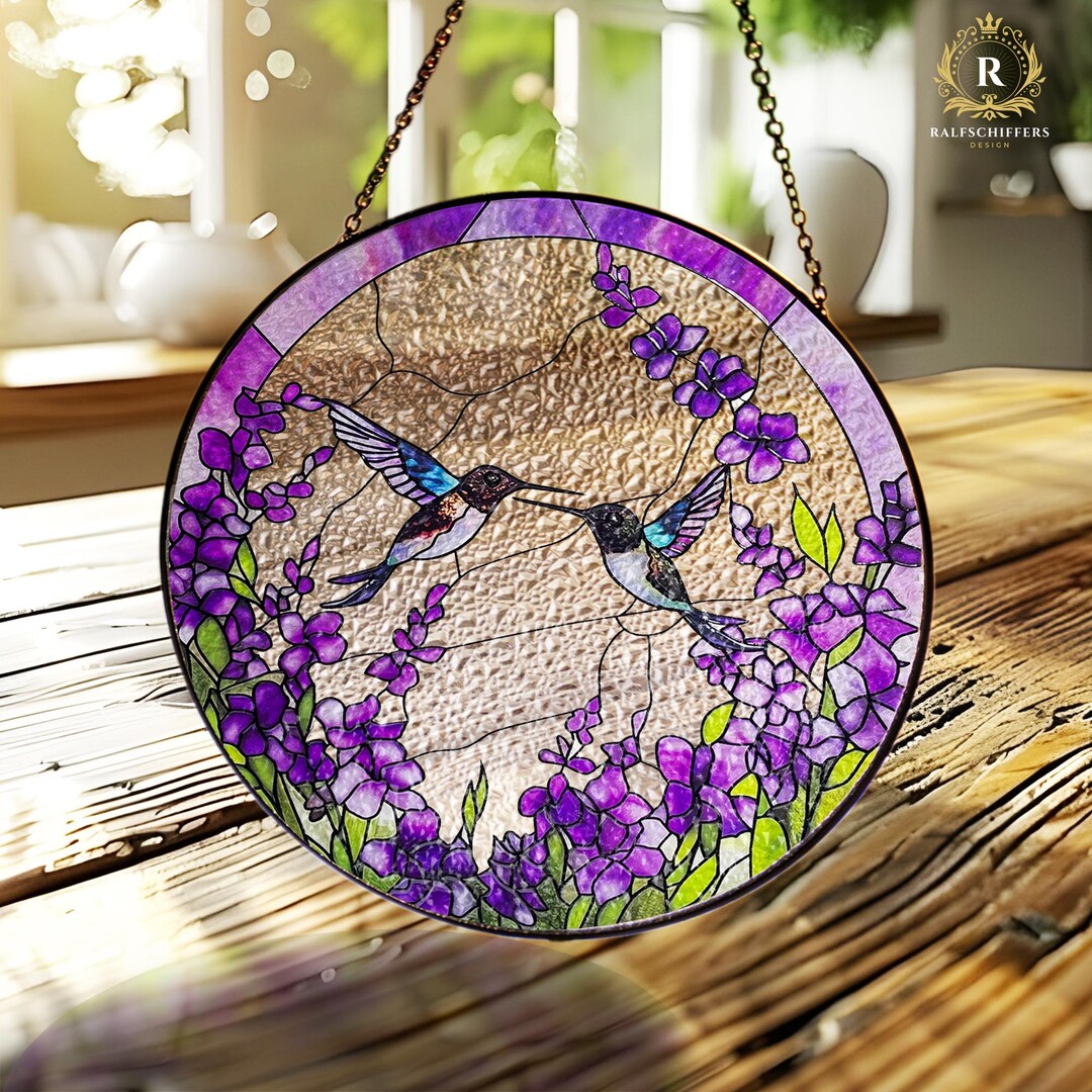 Lavender Flowers Hummingbirds Among Stained Glass Suncatcher, Purple ...