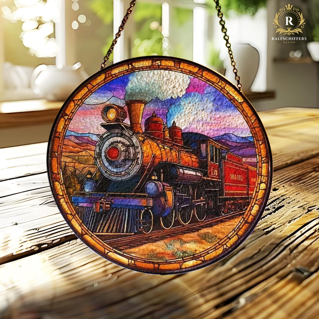 Vintage Locomotive Train Glass Suncatcher, Retro Steam Engine Wall ...
