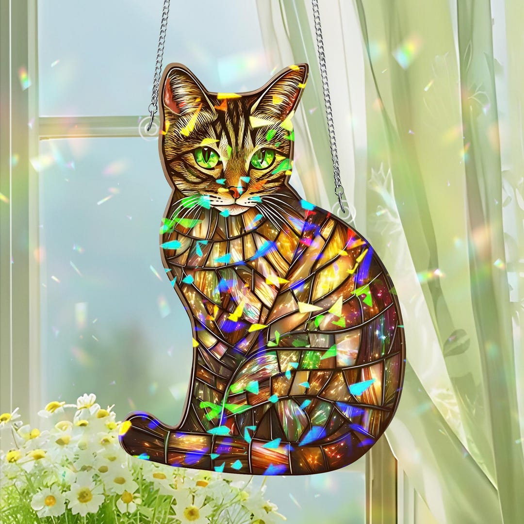 Tabby Cat Suncatchers Pet Broken Glass Hologram Ornament, Housewarming ...