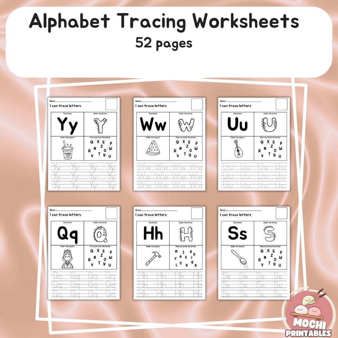 52 Pages Alphabet Digital Printable Tracing Worksheets for Kids ABC ...