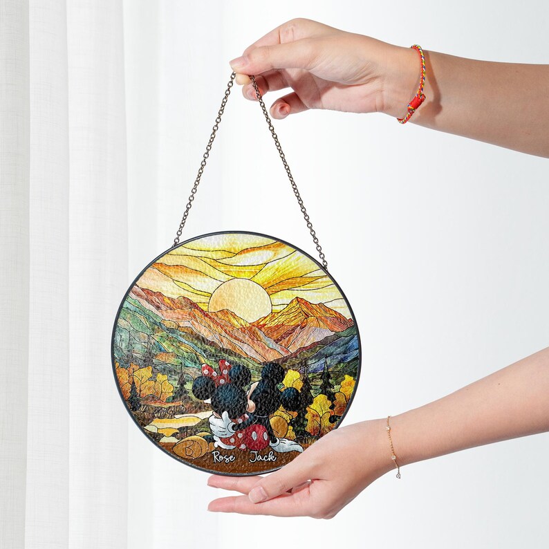Custom Disney Mickey Minnie Mountain Sunset Stained Glass Suncatcher ...