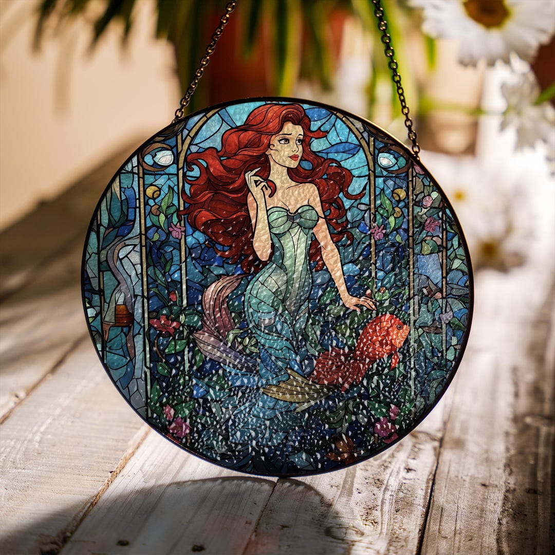 Ariel Stained Glass Suncatcher, Stained Glass Little Mermaid, Mermaid ...