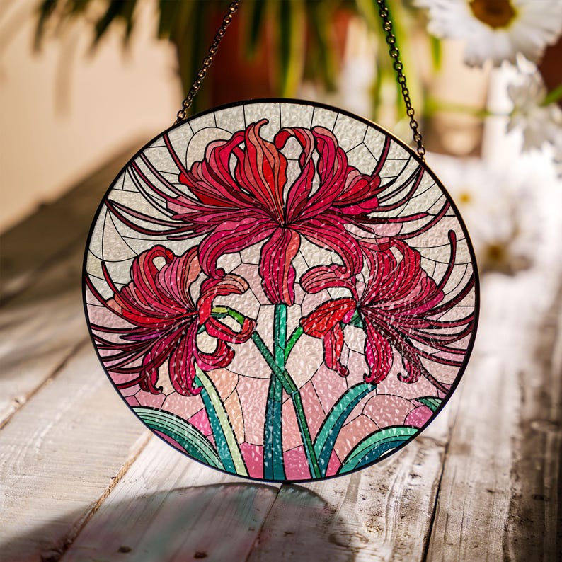 Red Spider Lily Flower Stained Glass Suncatcher, Stained Glass Lily ...