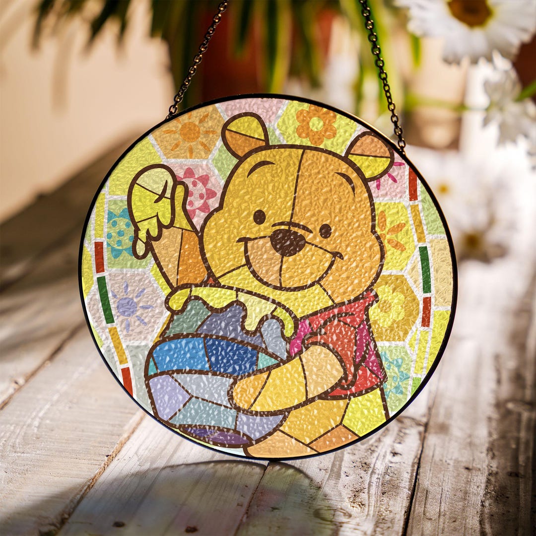 Cute Winnie Pooh With Honey Stained Glass Suncatcher, Suncatchers ...
