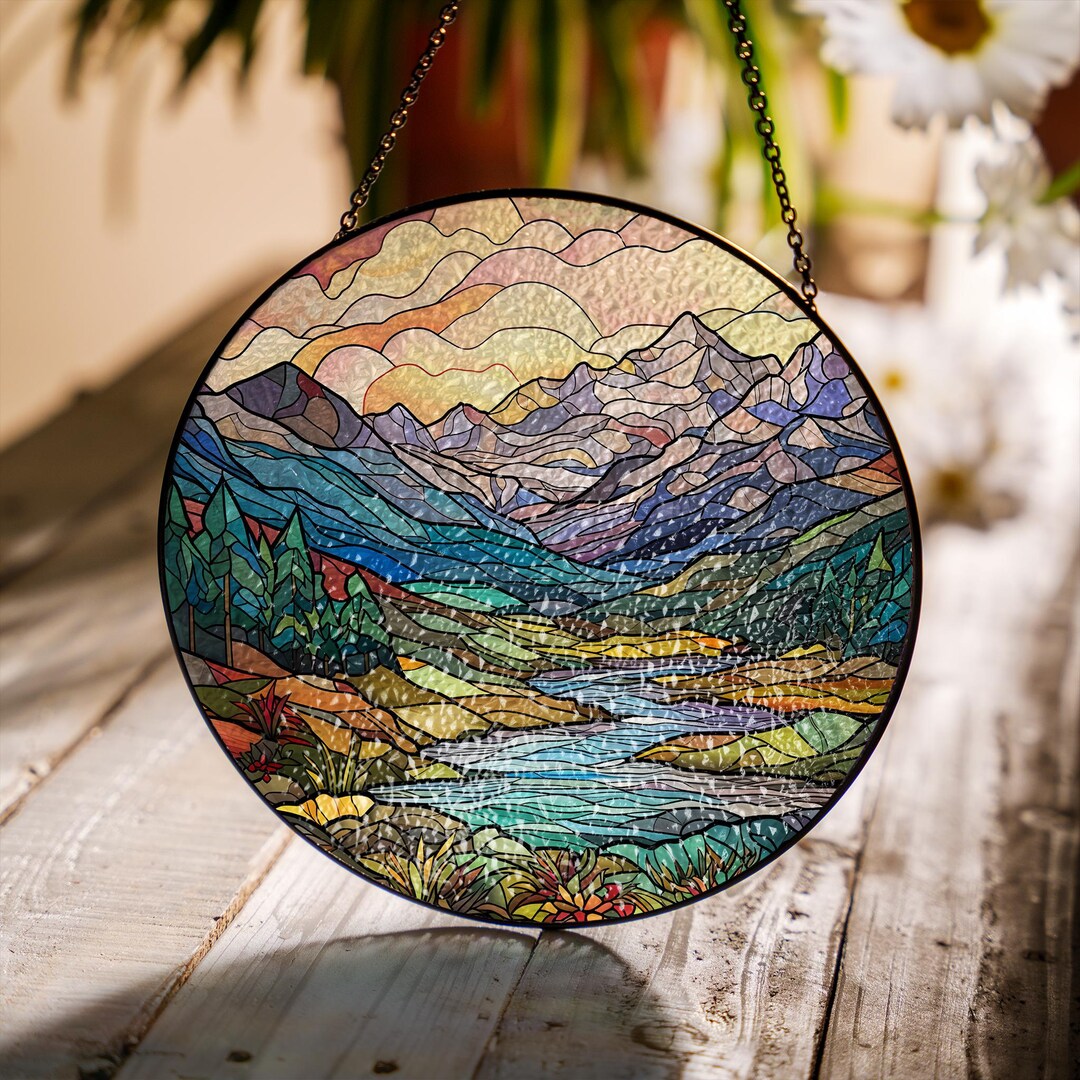 Swiss Alps Stained Glass Window Cling, Mountain Stained Glass ...