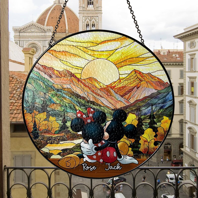 Custom Disney Mickey Minnie Mountain Sunset Stained Glass Suncatcher ...