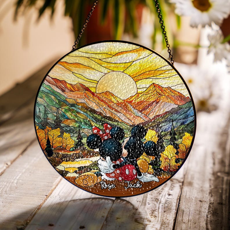 Custom Disney Mickey Minnie Mountain Sunset Stained Glass Suncatcher ...