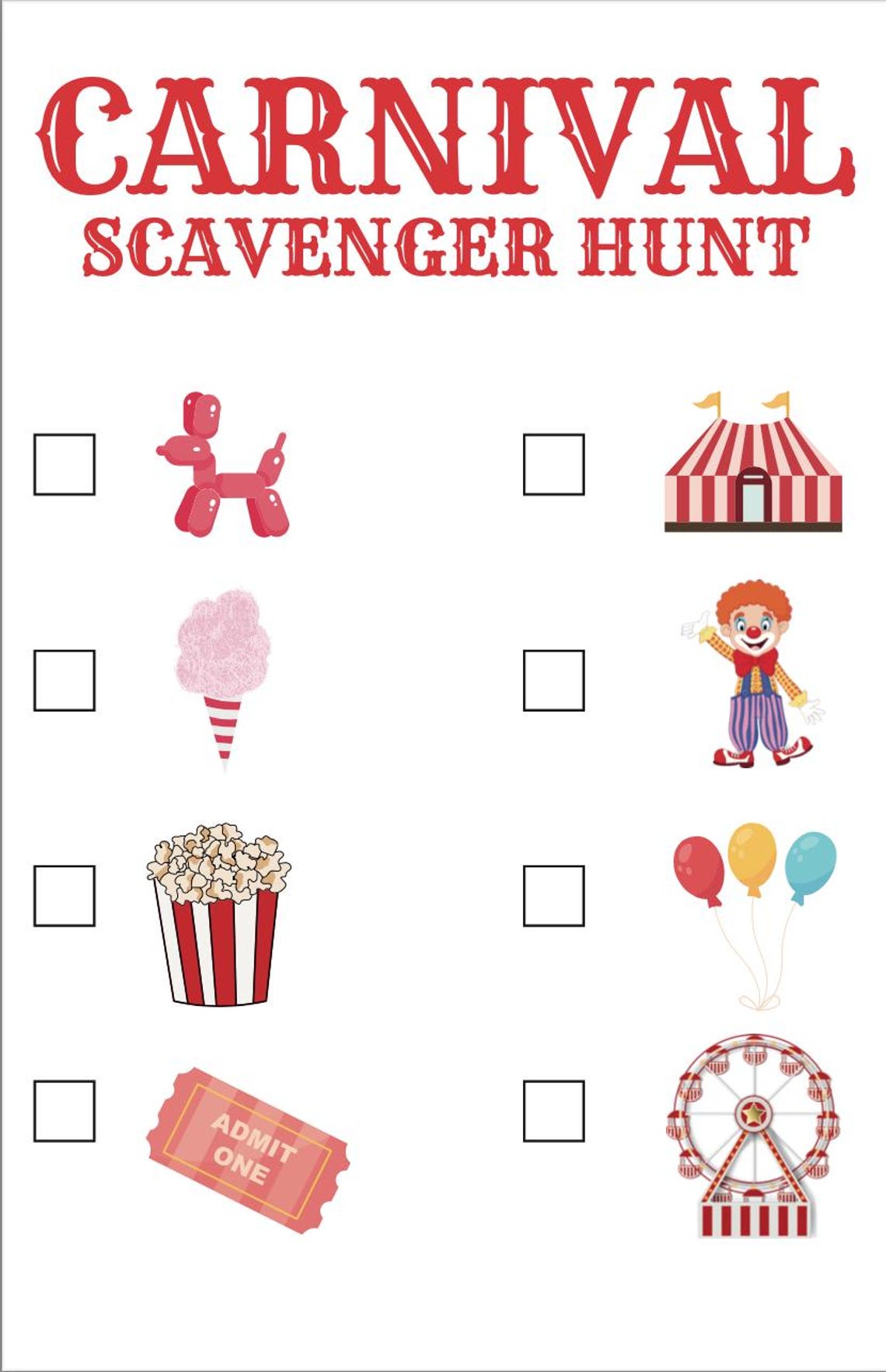 Carnival-themed Printable Scavenger Hunt - Etsy