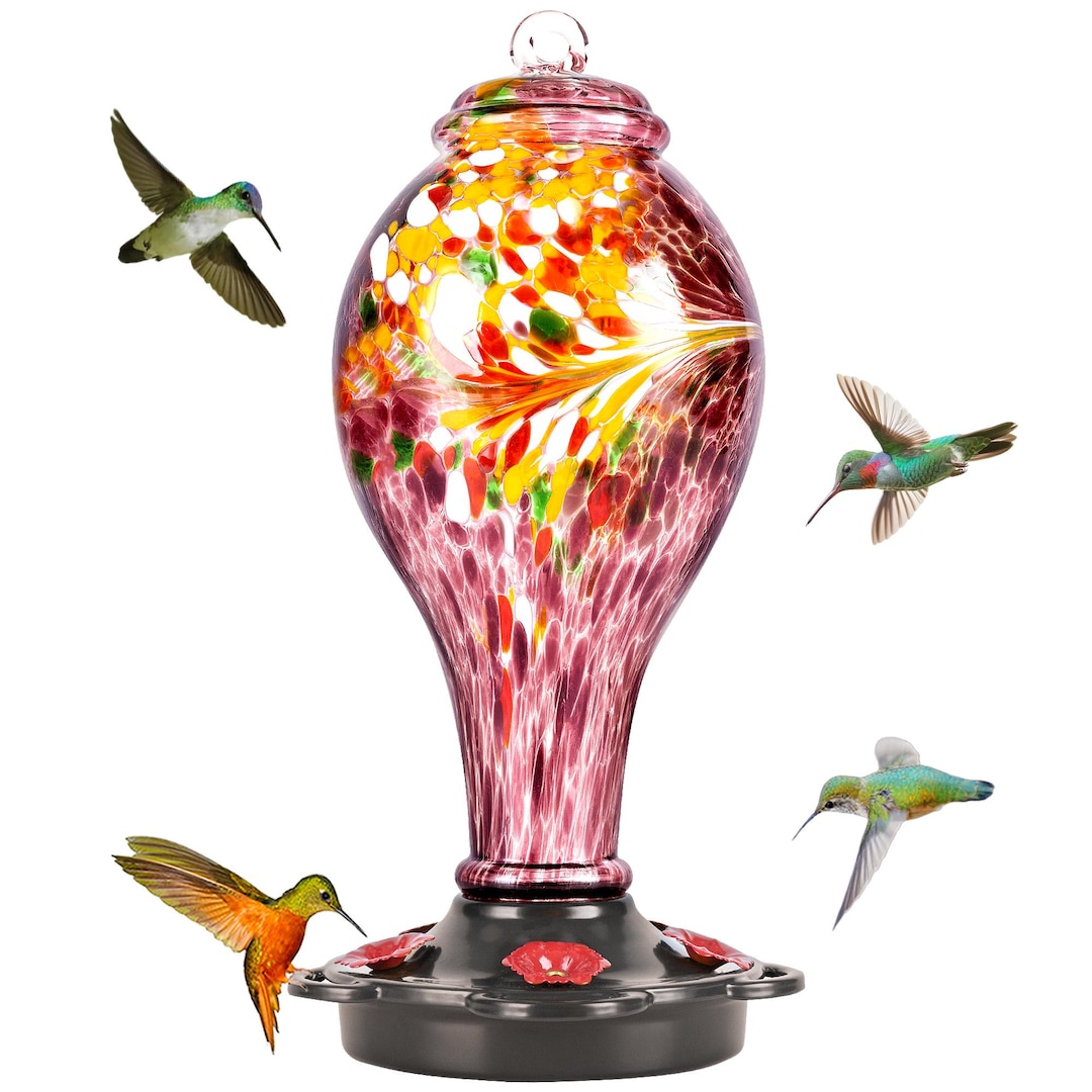Purple Hand Blown Glass Hummingbird Feeder 25 Oz Leakproof Includes