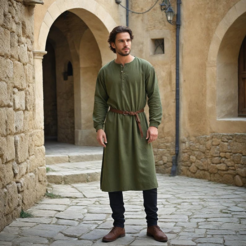 Men's Medieval Green Tunic Viking Warrior LARP Outfit Long Sleeve ...