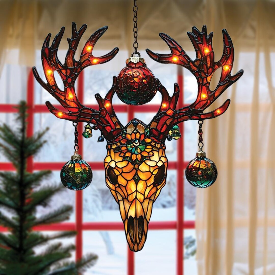 ACRYLIC Reindeer Skull Christmas Suncatcher, Gothic Antler Window ...