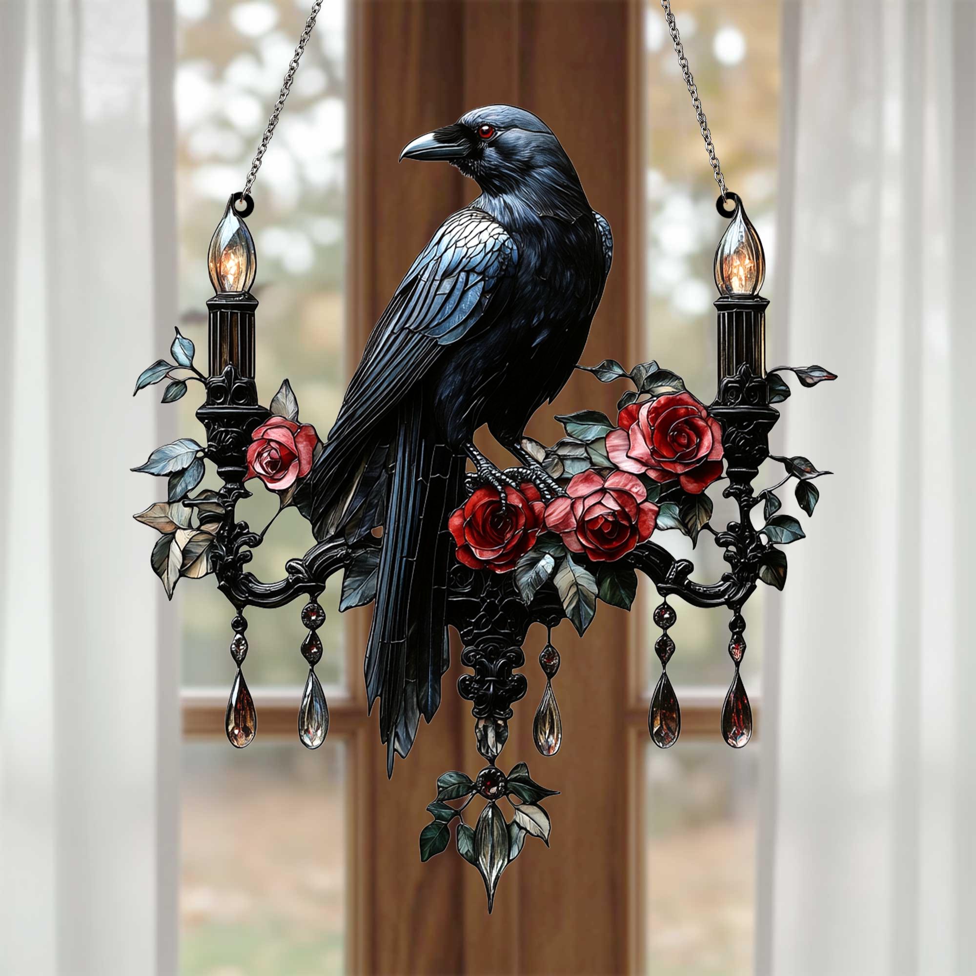Acrylic Gothic Raven & Rose Candelabra Suncatcher | Elegant Crow Window ...