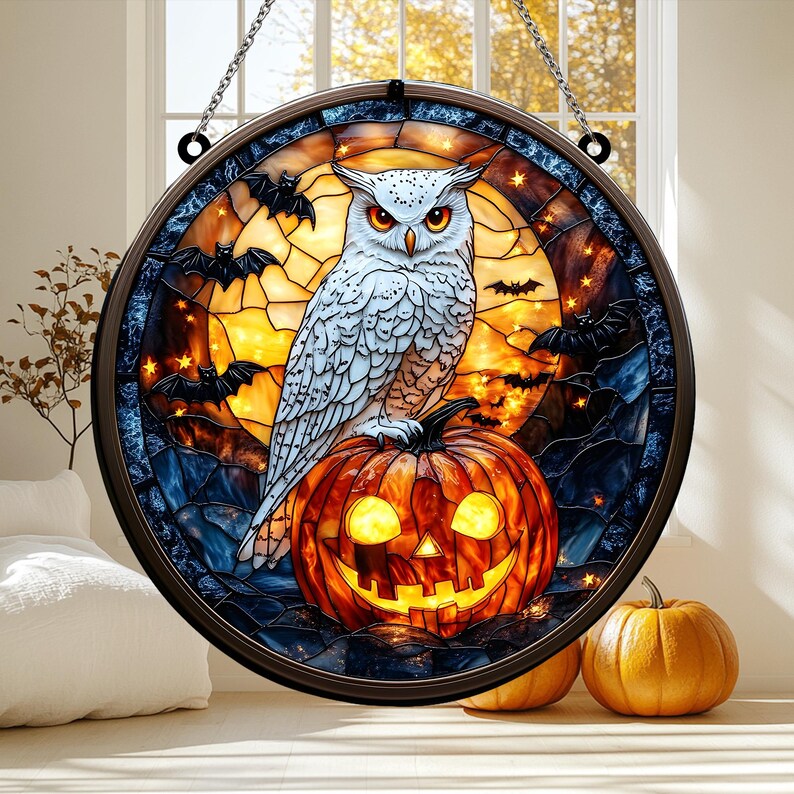 Snowy Owl & Jack O’lantern Round ACRYLIC Suncatcher – Halloween Bats ...