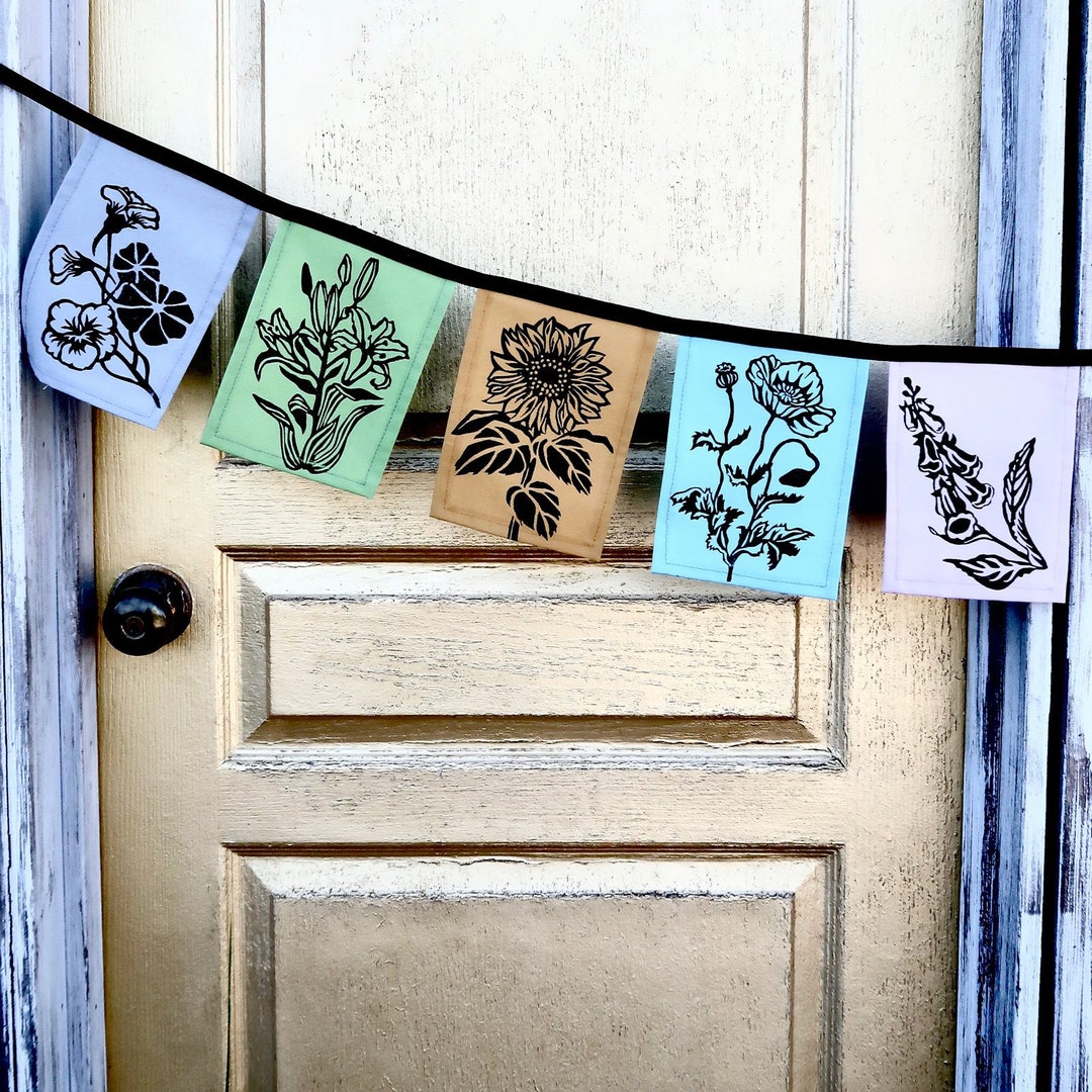 Hand Printed Flower Flags in Soft Muted Tones Flower Banner - Etsy