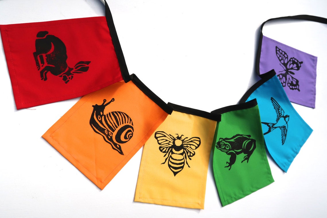 Garden Creatures Rainbow Flags Hand Printed Party Flags | Etsy