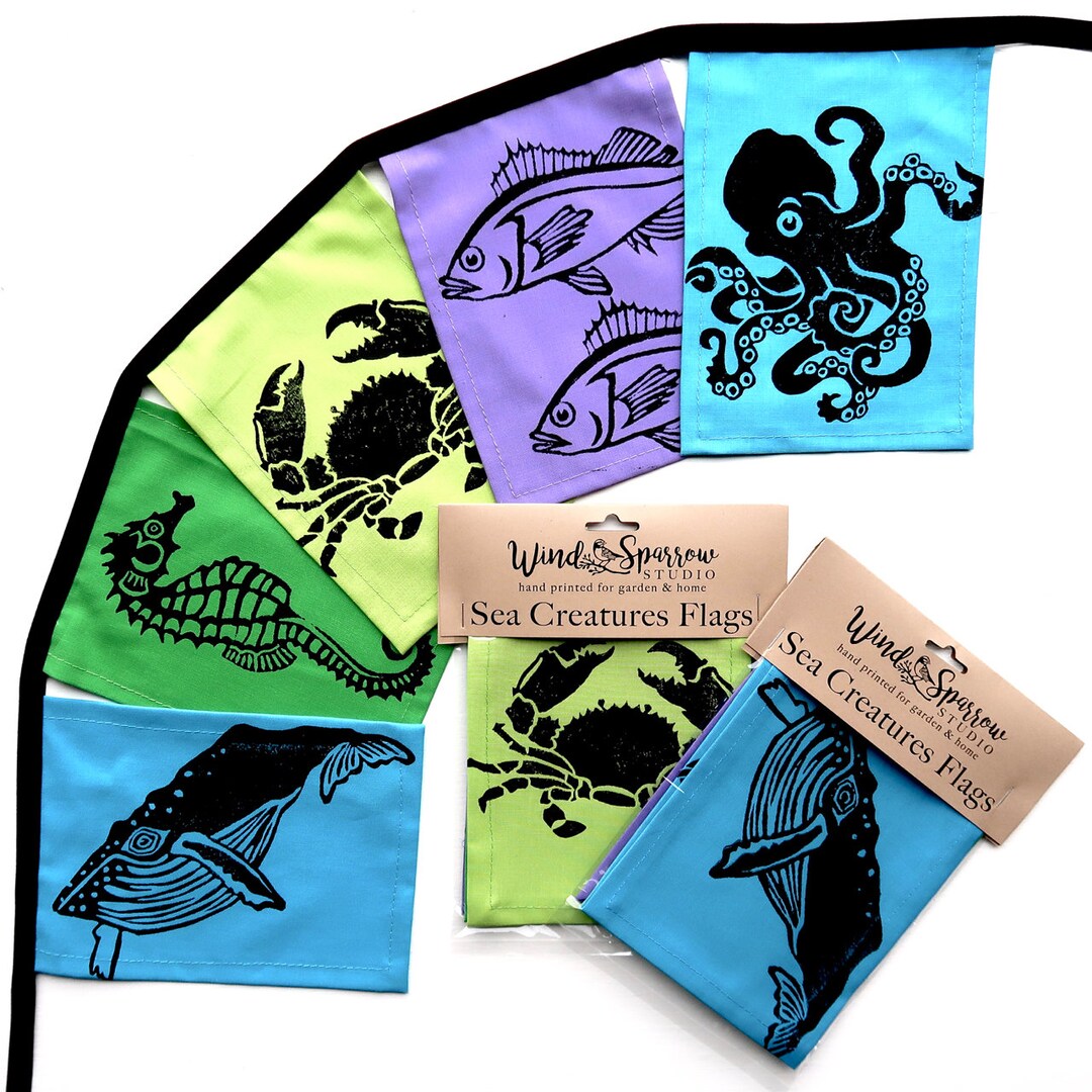 Sea Creature Flags: Rustic Coastal Banner, Ocean Art Print - Etsy