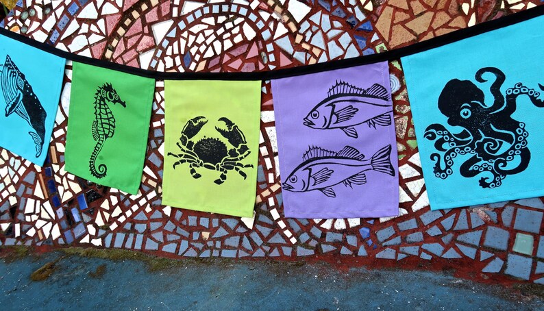 Sea Creature Flags: Rustic Coastal Banner, Ocean Art Print - Etsy