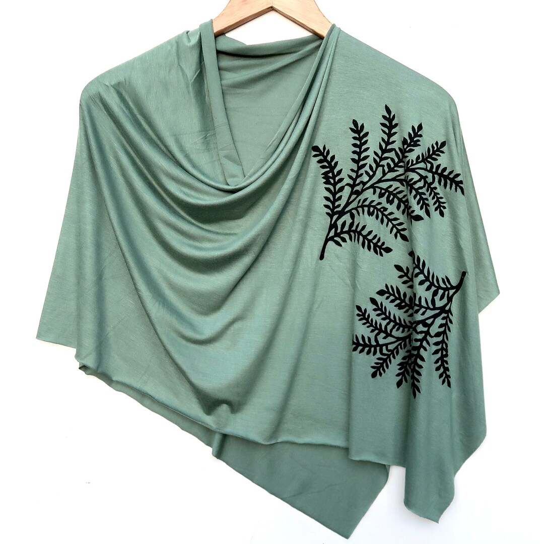 Hand Printed Leafy Branch Poncho: Moss Green Rayon Blend - Etsy