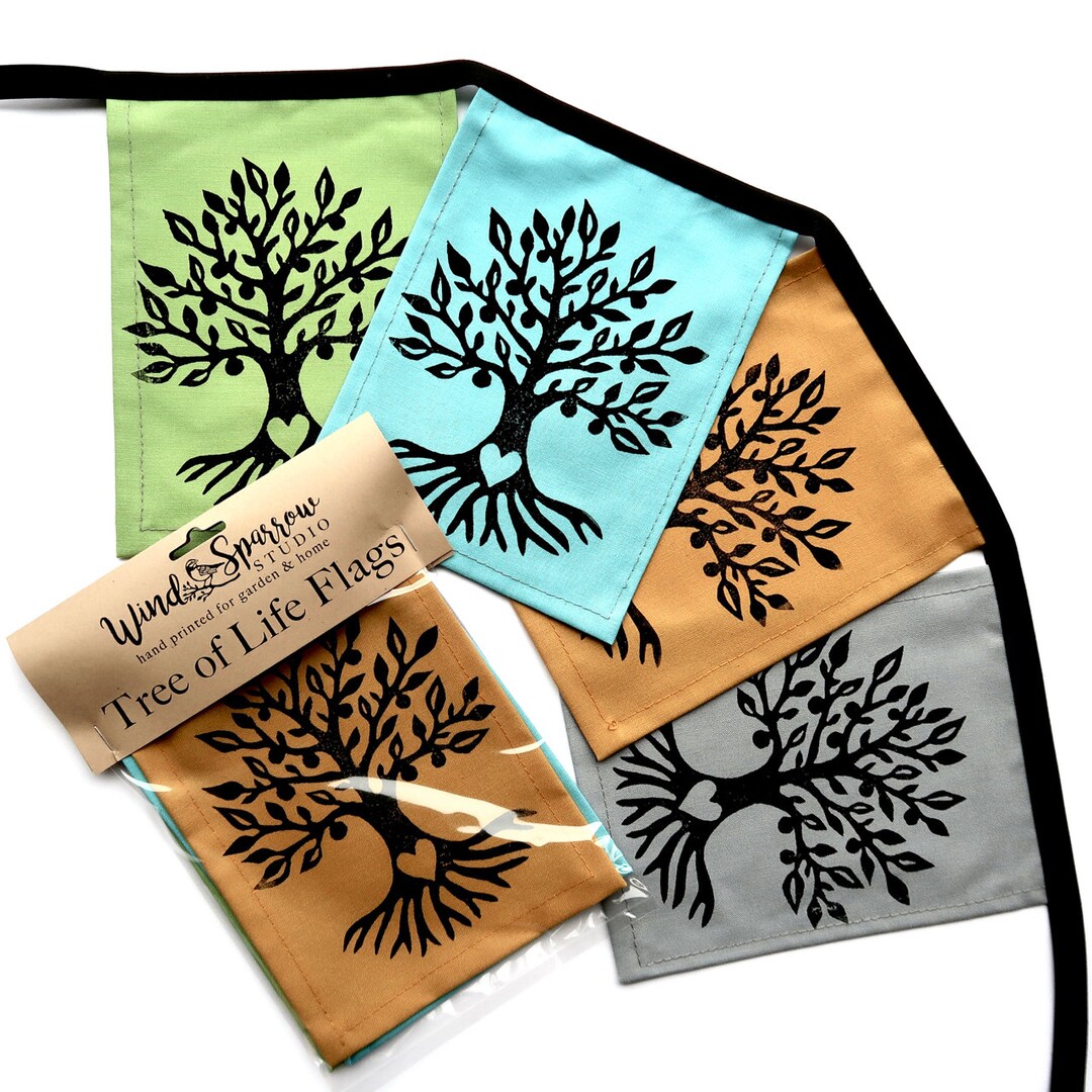 Tree of Life Flags in Muted Tones, Hand Printed Prayer Flags With ...