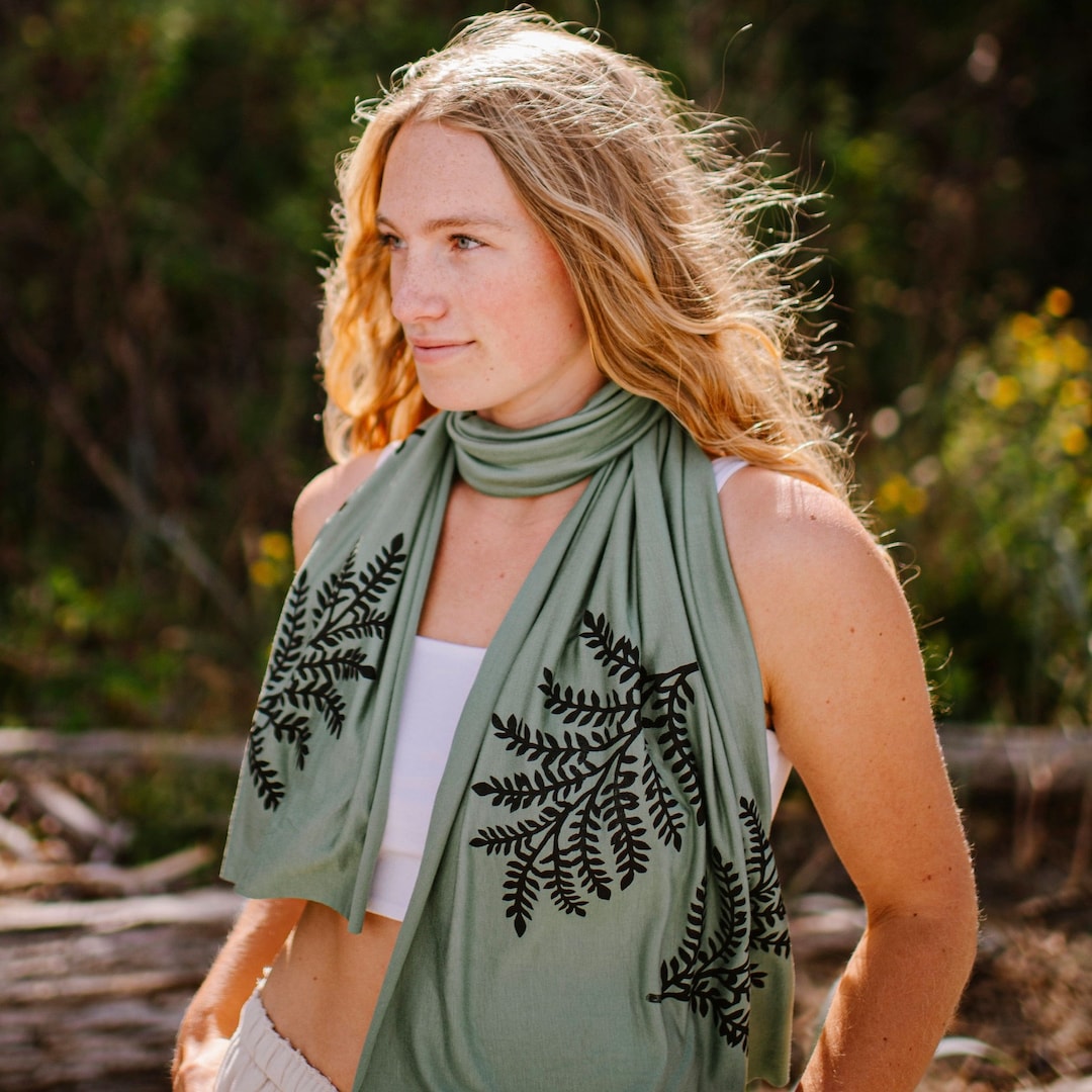 Moss Green Leafy Branch Scarf: Hand-printed Rayon Jersey Wrap - Etsy