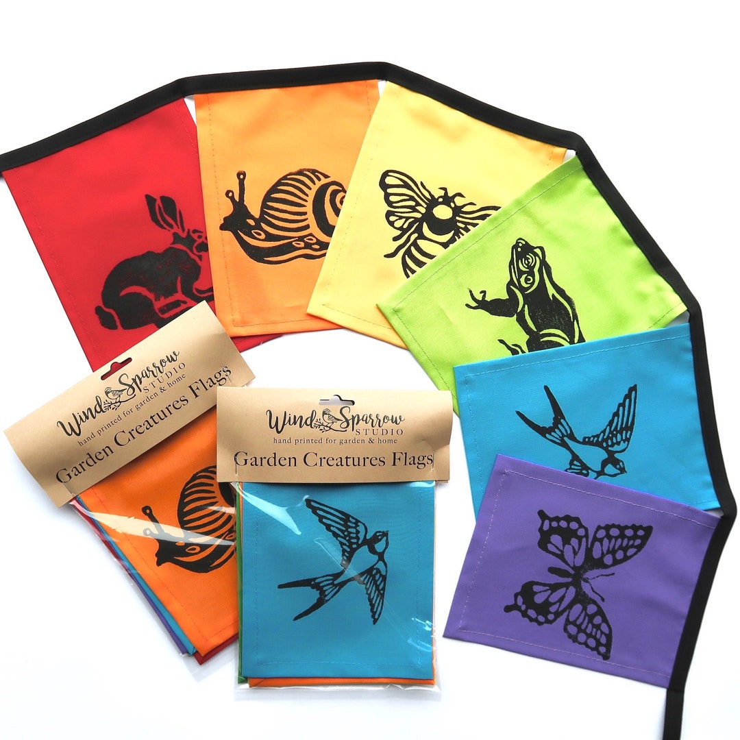 Rainbow Garden Creature Flags: Hand-printed Cotton Animal Banner - Etsy