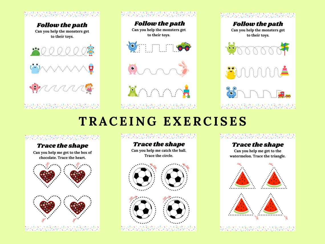 Preschool + Kindergarten Learning Worksheets |follow the Shapes | Trace ...