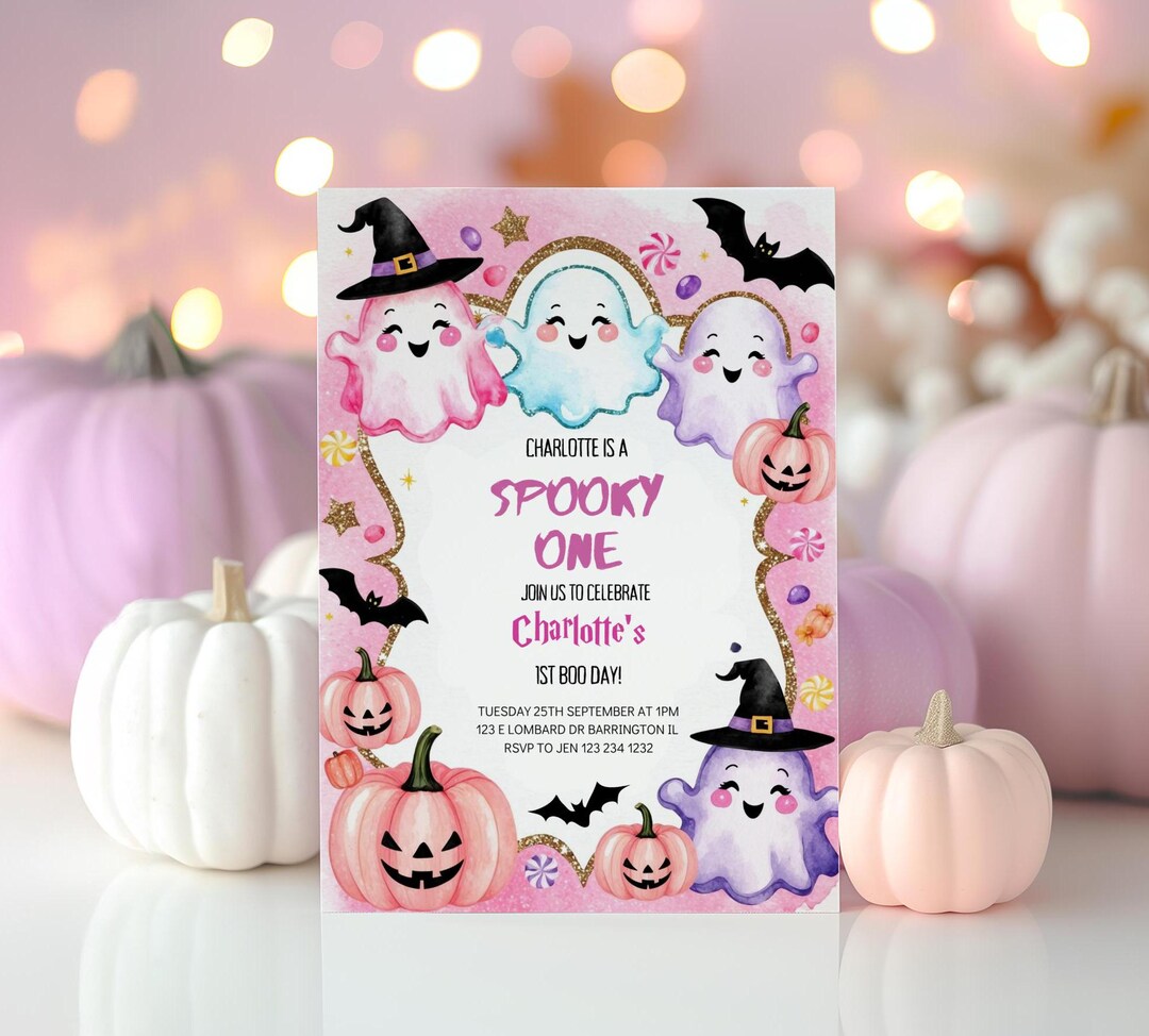 Spooky One Invitation Pink, Halloween Ghost 1st Birthday Party Invite ...