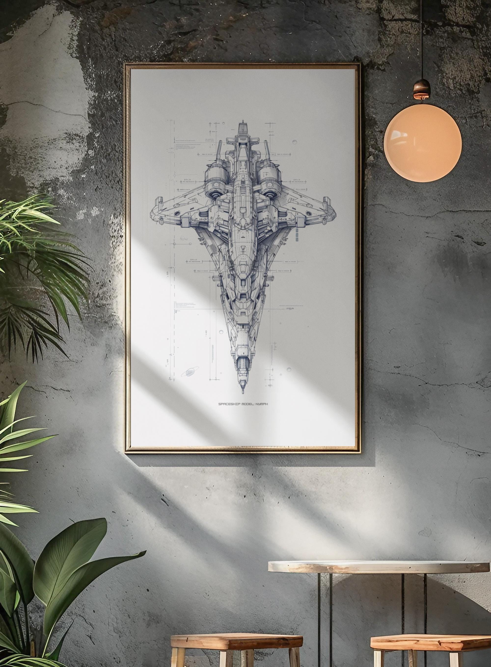 Spaceship Technical Drawing, Top View, Pencil Drawing on White ...