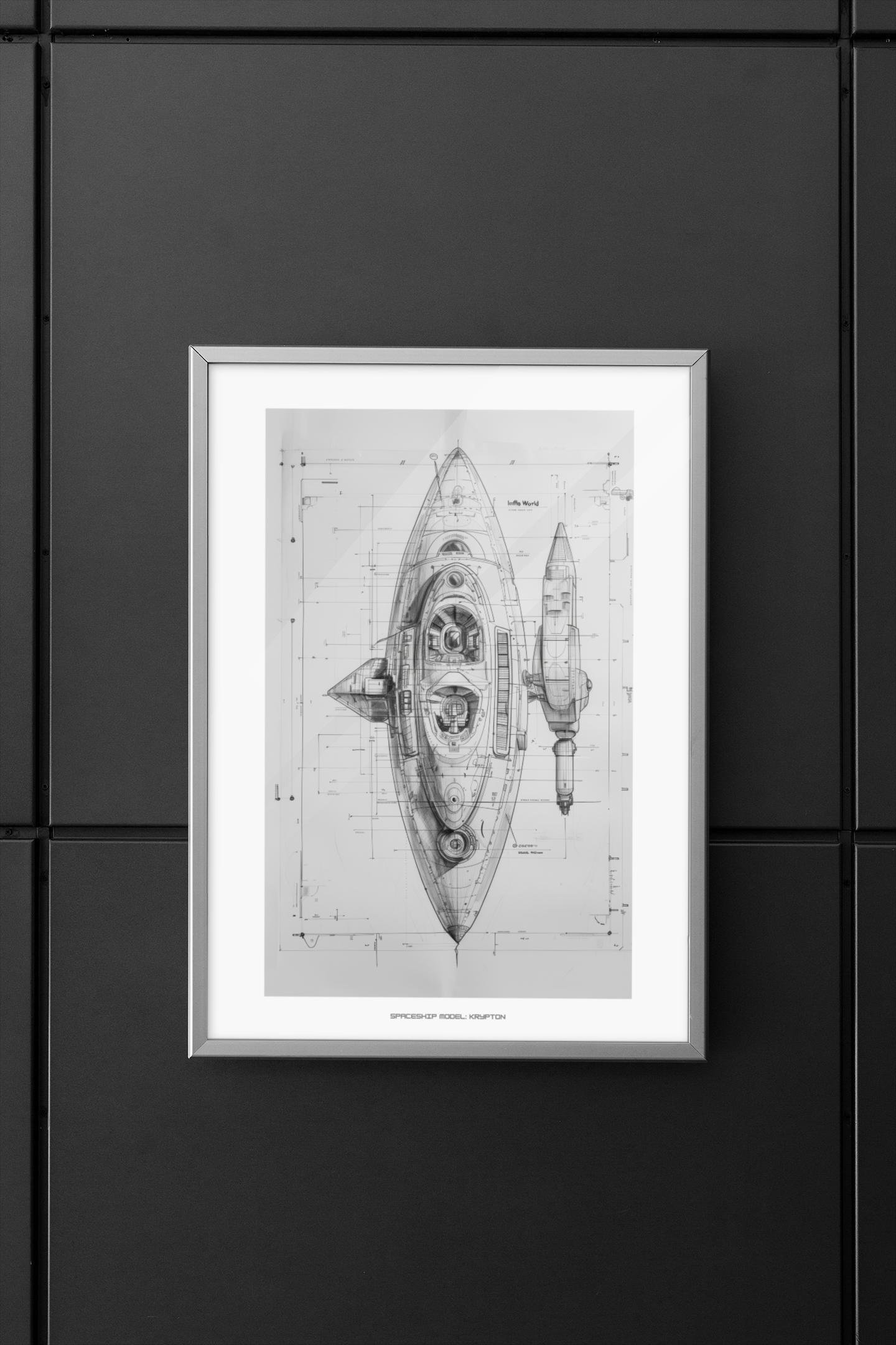 Spaceship Technical Drawing, Top View, Pencil Drawing on White ...