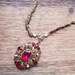 1950s West Germany Red Rhinestone Necklace- Brass Filigree Necklace With Faux Pearls Pink and ...