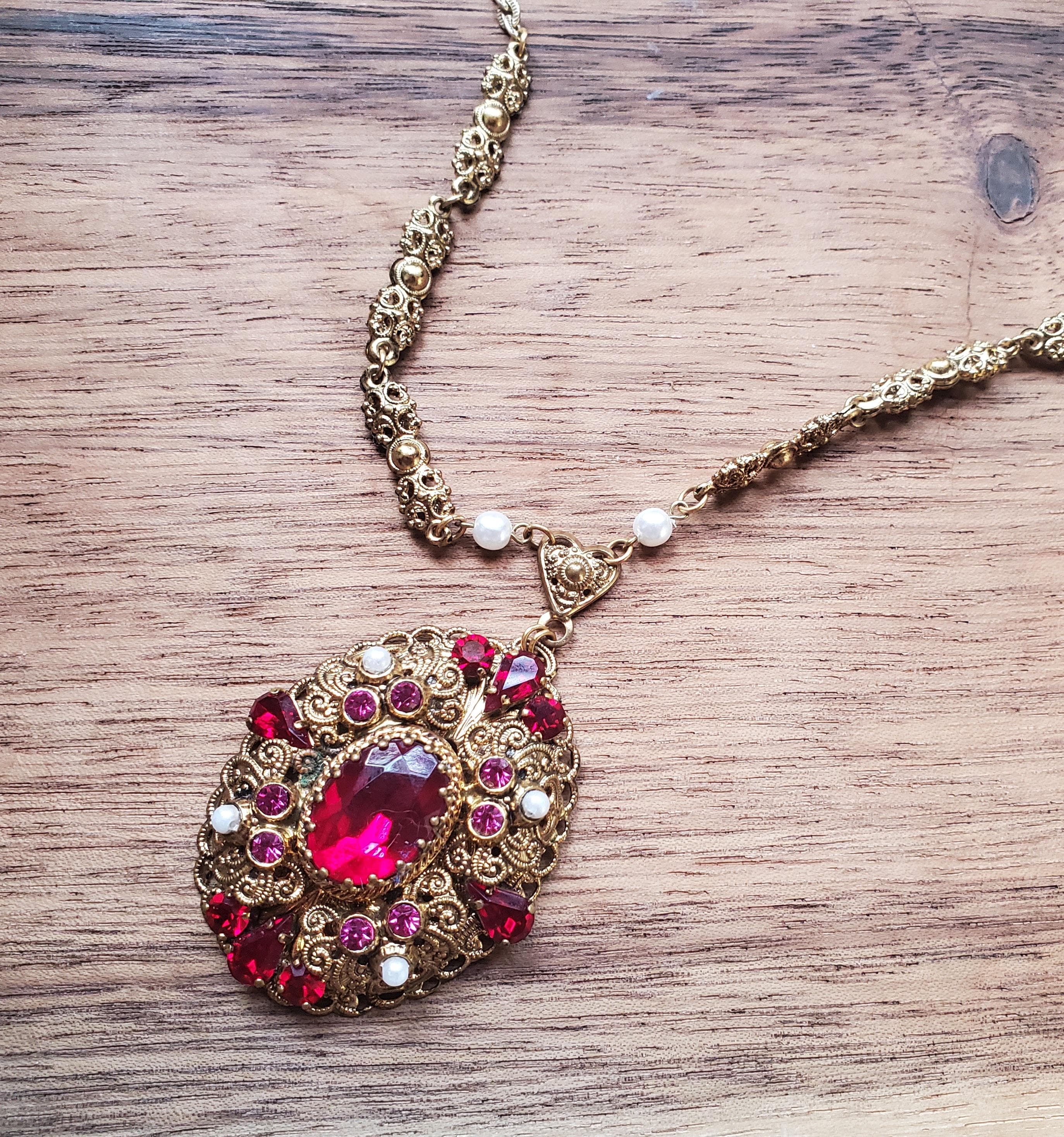 1950s West Germany Red Rhinestone Necklace- Brass Filigree Necklace With Faux Pearls Pink and ...