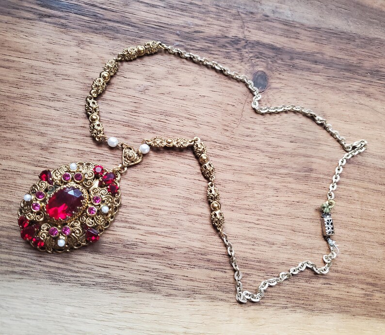 1950s West Germany Red Rhinestone Necklace- Brass Filigree Necklace With Faux Pearls Pink and ...