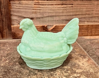 Jadeite Depression Style Glass Nesting Chicken Hen on Nest Candy Dish ...