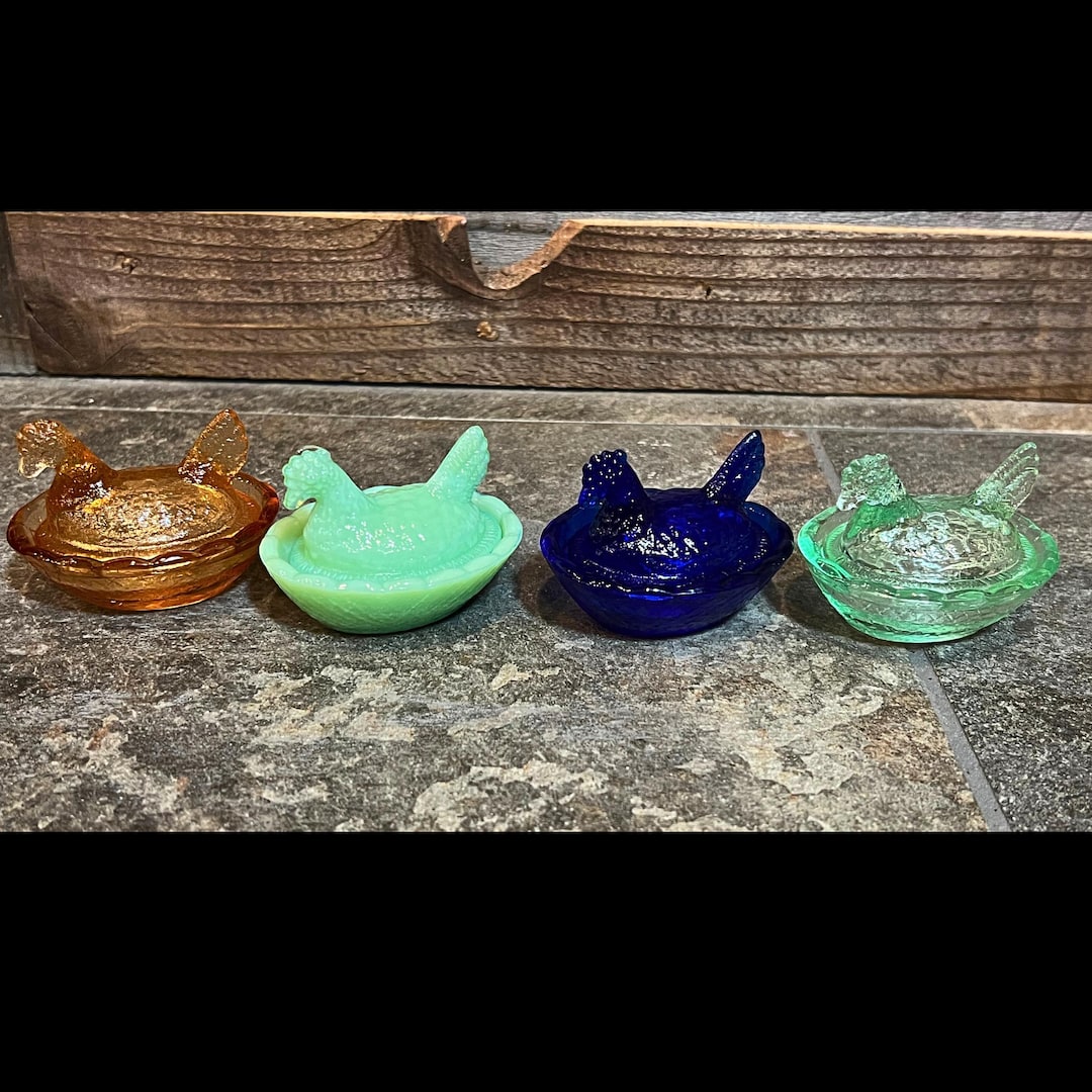 Mini Glass Hen on Nest | Salt Cellar | Green, Jadeite, Cobalt, Peach ...