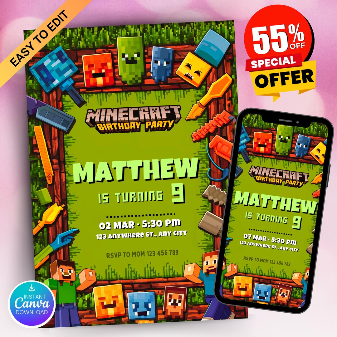 Minecrafter Birthday Invitations, Gamer Birthday Invite, Gamer ...