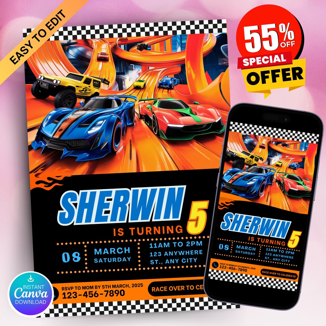 Editable Hot Wheels Birthday Invitation: Race Car Party (digital ...