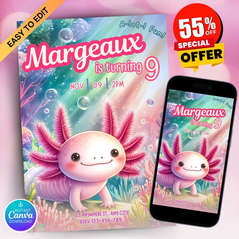 Axolotl Birthday Invitation, Axolotl Invitation, Axolotl Birthday, Pink ...