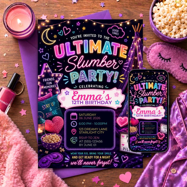 Editable Slumber Party Invitation – Neon Pink Purple Birthday Invite ...