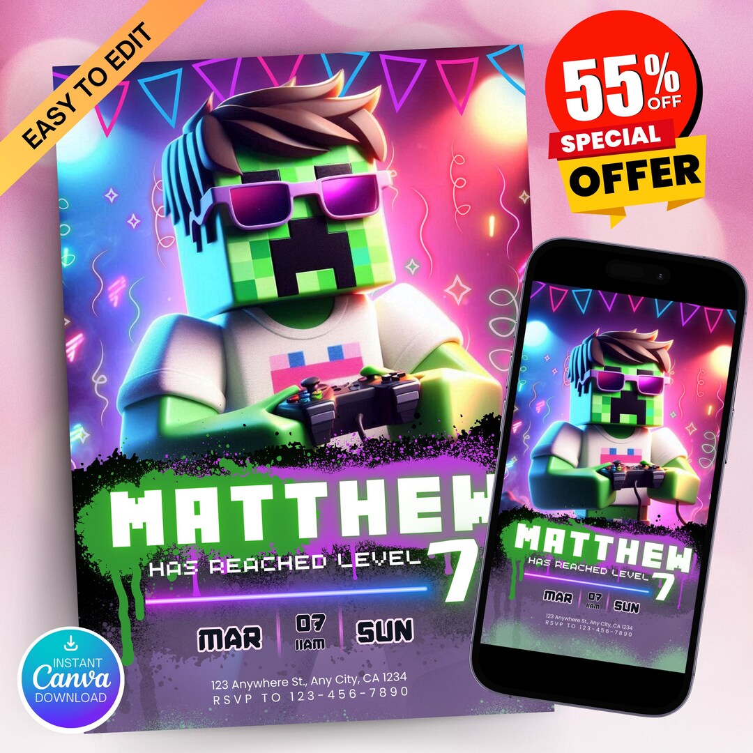 Minecrafter Birthday Invitation, Minecrafter Party, Creeper Invite ...