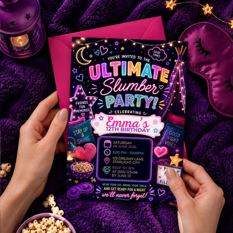 Editable Slumber Party Invitation – Neon Pink Purple Birthday Invite ...