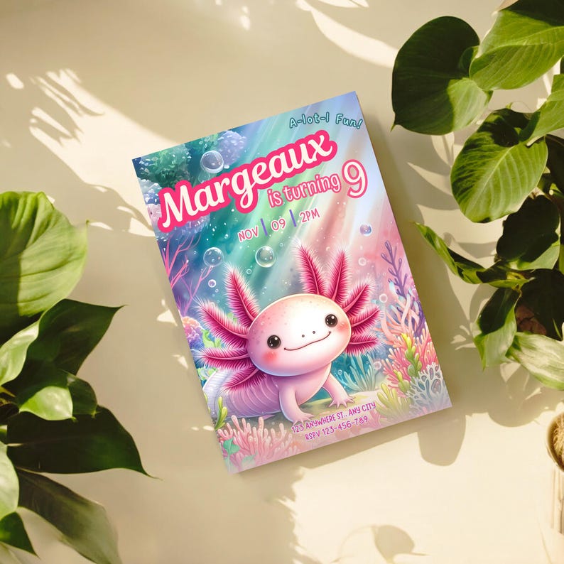 Axolotl Birthday Invitation, Axolotl Invitation, Axolotl Birthday, Pink ...