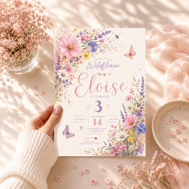 Wildflower Birthday Invitation, Pink Pastel Floral Garden Party Invite ...
